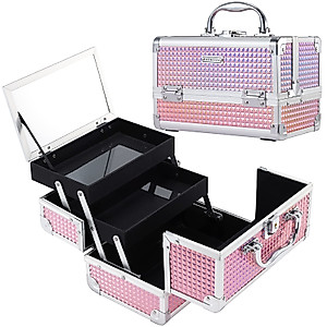 FRENESSA Makeup Train Case Cosmetic Case Organizer Portable Makeup Box 2 Trays with Lockable Mirror Makeup Storage Organizer for Girls Makeup Artist Makeup Tools Travel Makeup Case Glitter Pink