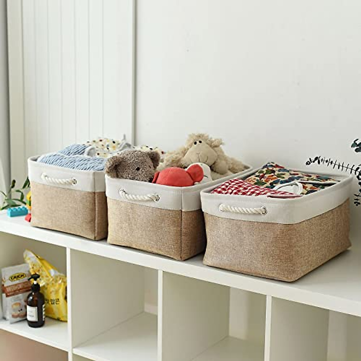 Sacyic Fabric Storage Baskets Rectangular Baskets Baskets for Organizing Fabric Basket for Shelves Decorative Baskets for Toys Empty Gift Baskets Cloth Baskets for Storage (White&Khaki)