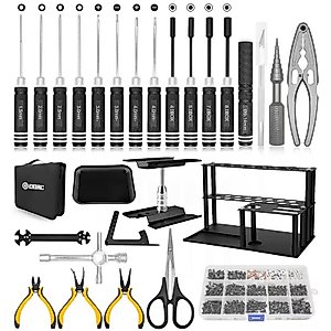RC Tool Kit Screwdriver Set (Flat, Phillips, Hex) Metal Holder, RC Work Stand, 522PCS Screw Kit, Pliers Set, Body Reamer, Wrench, Tray, Repair Tool for RC Car Boat Quadcopter Helicopter -27pcs (Black)