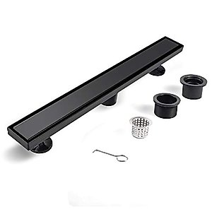 BARONAGE 24-Inch Linear Shower Drain, with 2-in-1 Flat & Tile, Insert Cover Black Brushed 304 Stainless Steel Rectangle Shower Floor Drain Adjustable
