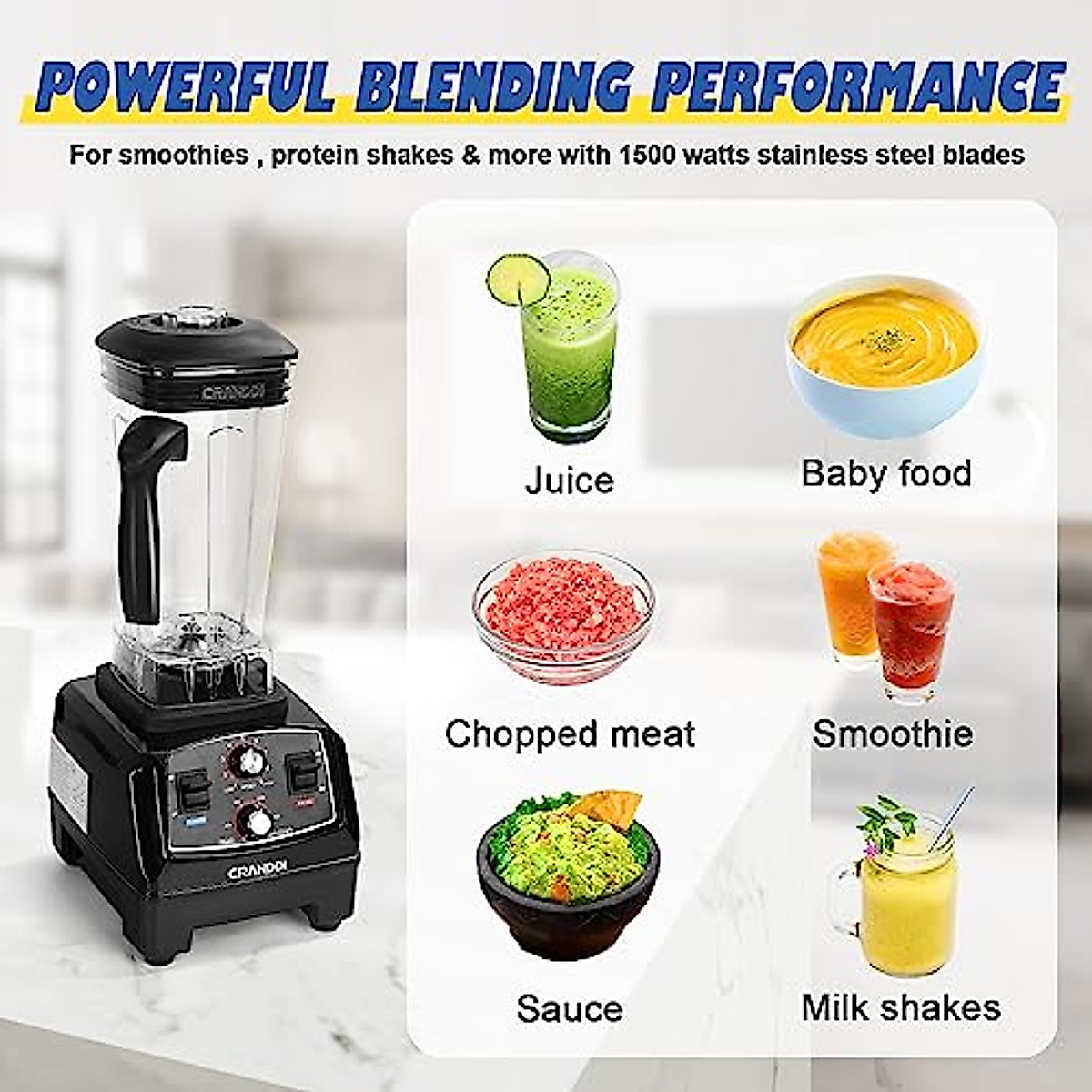 CRANDDI Professional Blenders with Timer for Kitchen, 1500W, 70oz Commercial Blenders for Shakes and Smoothies, Easy to Clean, YL-011 Black