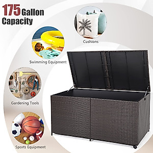 Tangkula 175 Gallon Outdoor Storage Box, Wicker Patio Deck Box with 2 Universal Wheels and Waterproof Zippered Liner, Outdoor Storage Container for Cushions, and Garden Tools