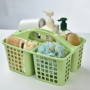 ALINK Plastic Shower Caddy Basket with Compartments, Portable Divided Cleaning Supply Storage Organizer with Handle for College Dorm Bathroom - Green