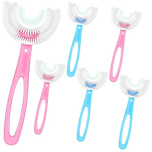 Nuenen 6 Pack Kids U Shaped Toothbrush with Silicone Brush Manual Training Tooth Brush U-Type Toothbrush Whole Mouth Toothbrush with Handle for Kids 2-8 Years Old (Long Handle, Blue Pink)