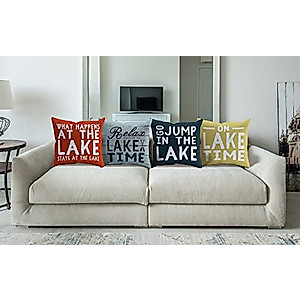 Relax You’re On Lake Time What Happens at The Lake Stays at The Lake Throw Pillow Cover Pillowcase Farmhouse Lake Theme 18x18 Inch Set of 4 Decor for Home Lake House Porch Bench Gifts for Lake Lovers