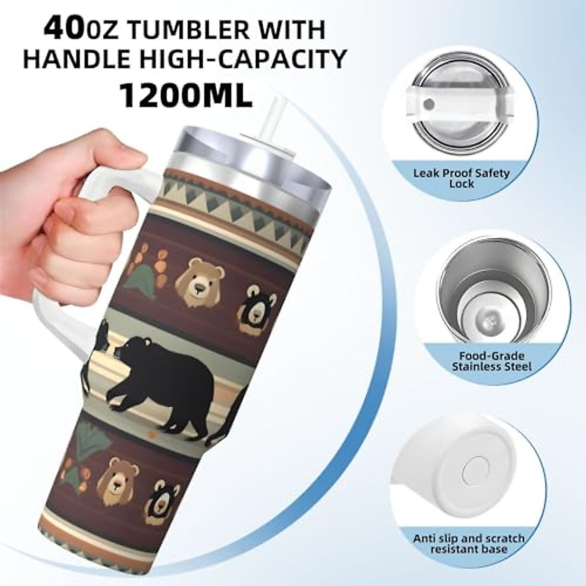 HULIBIN Bear Print Double Deck Stainless Steel Travel Coffee Cup With Lid 40 Oz Ice Bully Cup