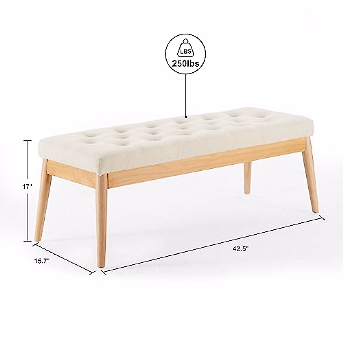 Tbfit Extra-Long Upholstered Tufted Bed Bench Seat for Bedroom, Entryway Wood Bench with Sturdy Wooden Legs, Buttoned Vanity Rectangle Dining Bench(Beige)