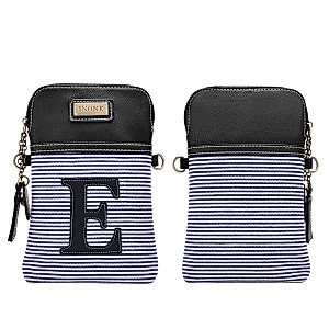 inOne Crossbody Bag Cell Phone Purse - Women PU Leather Handbag with Black and White Stripe Canvas Adjustable Straps - Monogram - Letter S