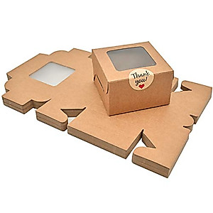 50 Pack Brown Bakery Boxes, 4x4x2.5 Inches Small Pastry Treat Boxes with Window Gift Packaging Boxes for Cookies, Pastries, Mini Cakes, Donut, Pie Slice, Stickers Included