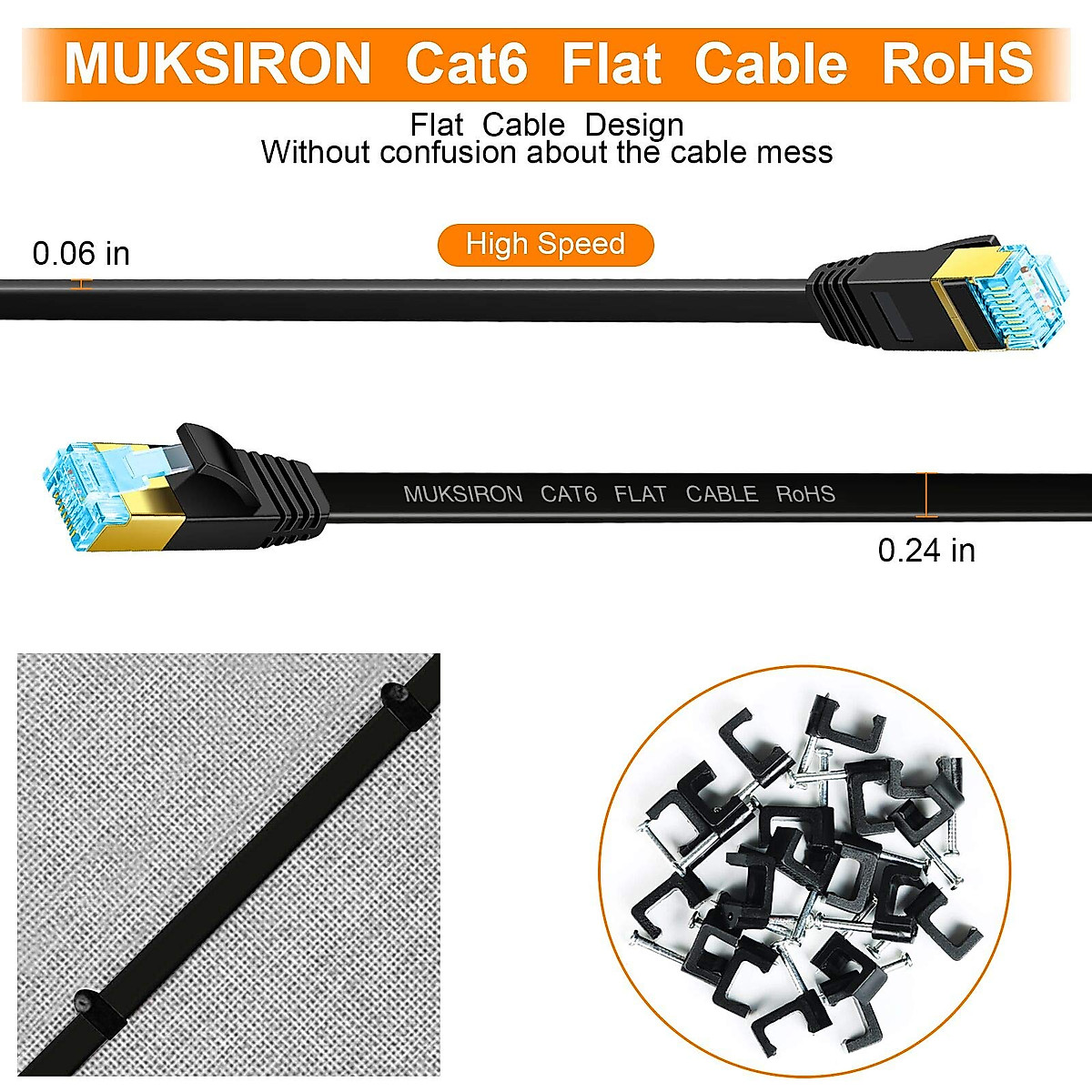 MUKSIRON Cat6 Ethernet Cable 30 ft, Flat - Solid Internet Network LAN Patch Cord – Cat 6 High Speed Computer Wire with Clips & Rj45 Connectors for Router,Modem,PS,Xbox - 30 feet Black