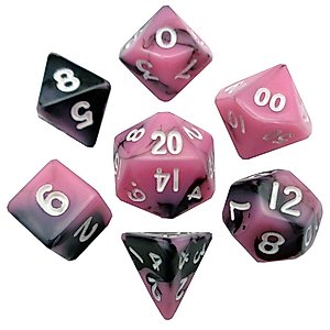7 Count MINI Dice Set: PINK/BLACK with White Numbers