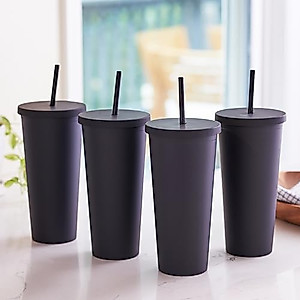 Zephyr Canyon 24oz Matte Black Tumblers with Lids and Straws - Pastel Double Wall Tumbler - Insulated Acrylic Cups for Hot & Cold Drinks, Spill-Proof Reusable Iced Coffee Cup, Set of 4