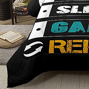 Bodhi Gaming Comforter Set Full,Gamer Bedding Sets for Boys Kids, Eat Sleep Game Repeat Design Comforter Set,3 Pieces Microfiber Game Bed Set (1 Gamer Comforter +2Pillowcases)