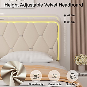 VECELO Upholstered Twin Bed Frame with Headboard Adjustable, Velvet Platform Bed with LED Lights, Charging Station, Mattress Foundation with Wooden Slats, Noise Free, No Box Spring Needed, Beige