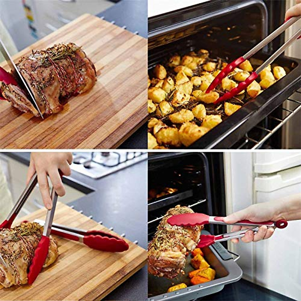 Uigos Kitchen Cooking Food Tongs Stainless Steel With Silicone Heads Locking Clip 2 Piece  (9" & 12")