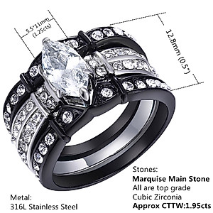 MABELLA Black Wedding Engagement Ring Set Stainless Steel Marquise Cz Gifts for Women, Size 8