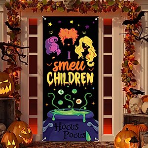 NEZFOR Halloween decoration door pocket, ""I smell children"" Halloween three witch sisters door pocket, party decoration front door logo banner indoor and outdoor Halloween supplies (29.5x71 inches)