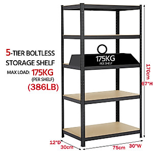 5-Tier Steel Storage Shelves, Heavy Duty Garage Shelf with Adjustable Shelves, Boltless Shelving Unit for Free Combination, Home Office Metal Utility Shelves, 67" H x 30" W x 12" D, Black