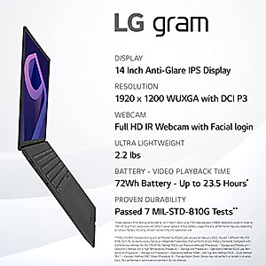 LG Gram (2022) 14Z90Q Ultra Lightweight Laptop, 14" (1920 x 1200) IPS Display, Intel Evo 12th Gen i5 1240P Processor, 16GB LPDDR5, 512GB NVMe SSD, FHD Webcam, WiFi 6E, Thunderbolt 4, Windows 11, Black