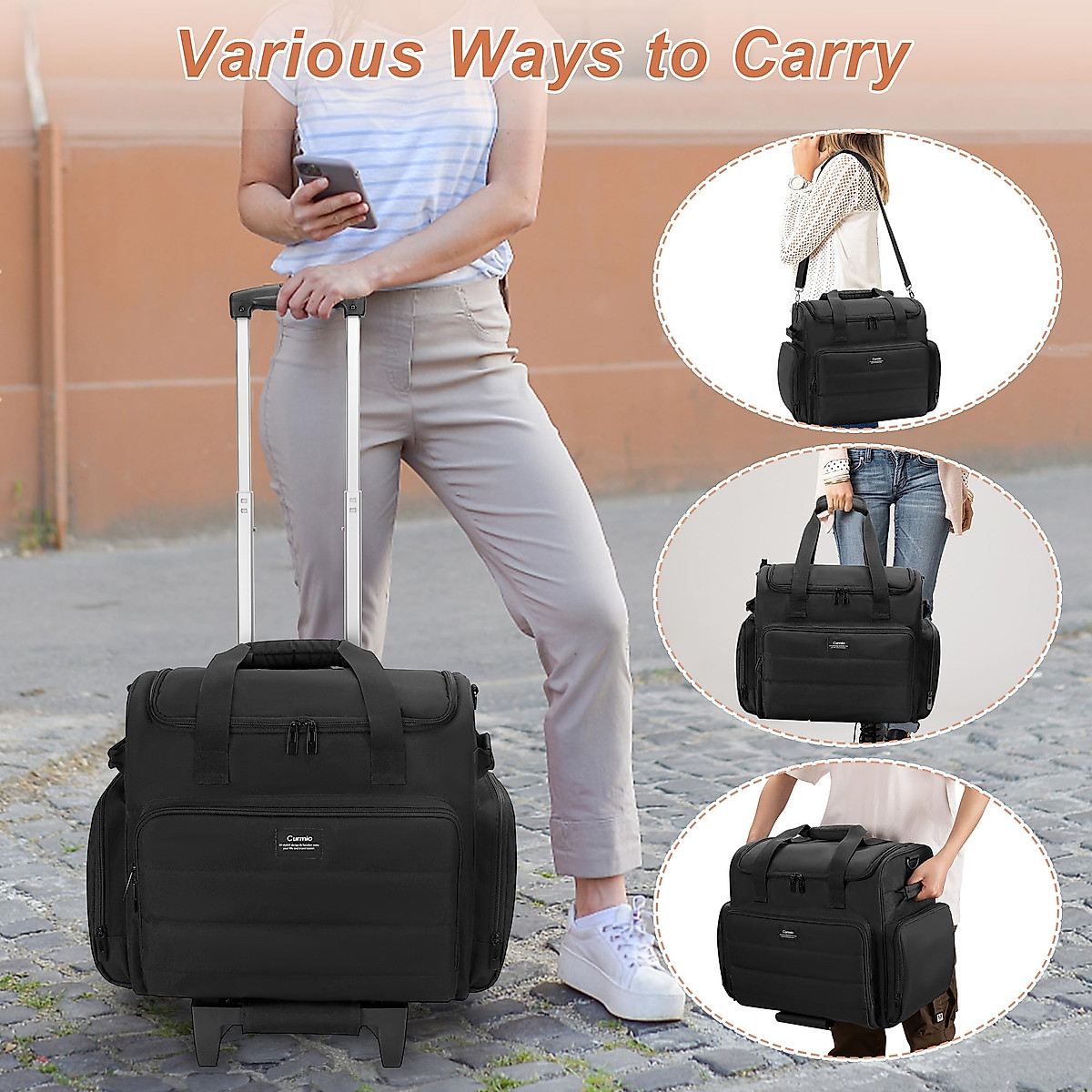 CURMIO Rolling Scrapbook Tote with Wheel, Craft Storage Bag with Expandable File Organizer for Scrapbook Supplies, Albums, Black (Bag Only)