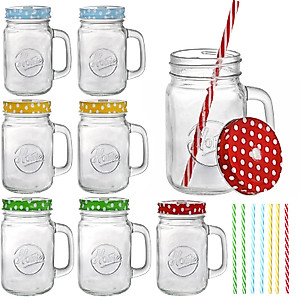 Dicunoy Set of 8 Mason Jar with Handle and Straw, 16OZ Mason Jar Cups with Lid, Old Fashioned Drinking Glasses for Iced Coffee, Smoothies, Ice Tea, Lemonade, Party Favors