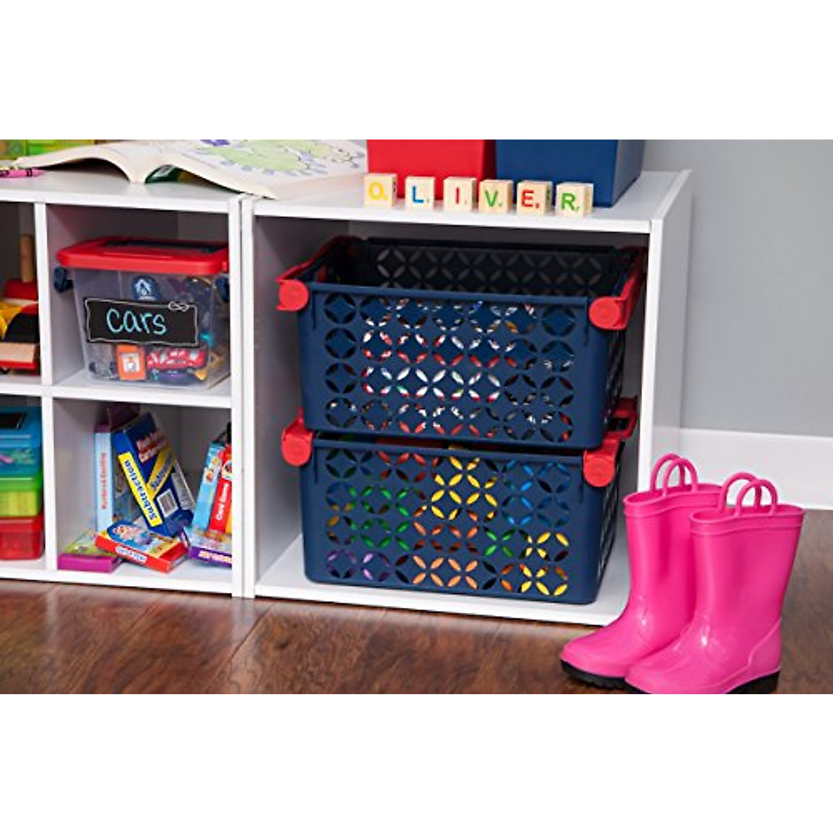 IRIS USA Boy's Medium Deep Decorative Storage Basket with Comfortable Grip Handles, 8 Pack, Toy Box, Nestable, Stackable, Kid's Storage Box for Book and Toy, Kid's Room Playroom Organizer, Navy/Red