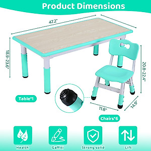Arlopu Kids Table and 6 Chairs Set, Height Adjustable Graffiti Table, Preschool Activity Art Craft Table, for Daycare Classroom Home Boys and Girls Age 3-12 (Light Green)