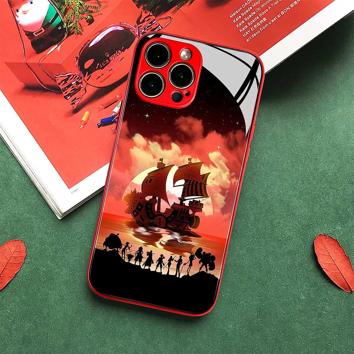 Japanese Anime Anti-Drop Color Soft Silicone Protective Shell Manga Pattern Tempered Glass Covers Multicolor Phone Case Red Mugiwara Pirates Straw Hats Crew Thousand Sunny for iPhone 14 Pro Max