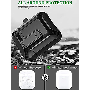 Olytop Airpods Case Cover Men with Lock, Armor Rugged Cool AirPod 2nd 1st Generation Protective Case Boys Shockproof Skin iPods Cover with Keychain for Apple Airpods 2/1 Gen Cases - Black