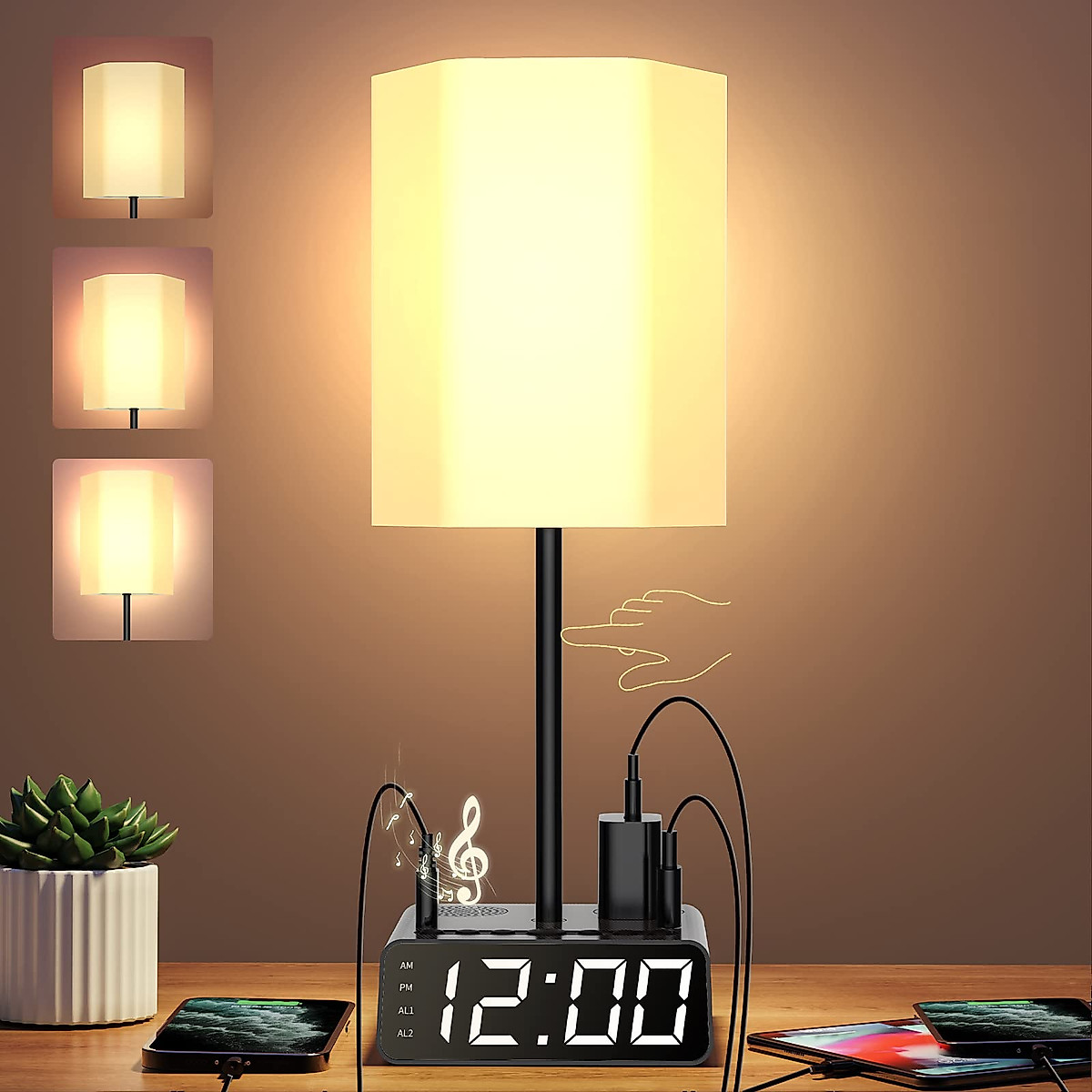 Table Lamp with Alarm Clock, Charging Station, USB C & A, AC Outlet Ports, Speakers, Radio FM - Power Outlet with Touch Control 3-Way Dimmable Nightstand Lamp for Kids Study Room, Bedroom
