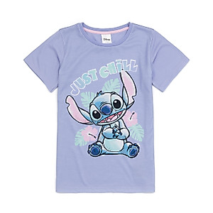 Disney Lilo And Stitch Girls 2 Pack Pyjama Set | Kids Short Sleeve T-Shirt Complete & Shorts PJs | Just Chill Alien Graphic Purple