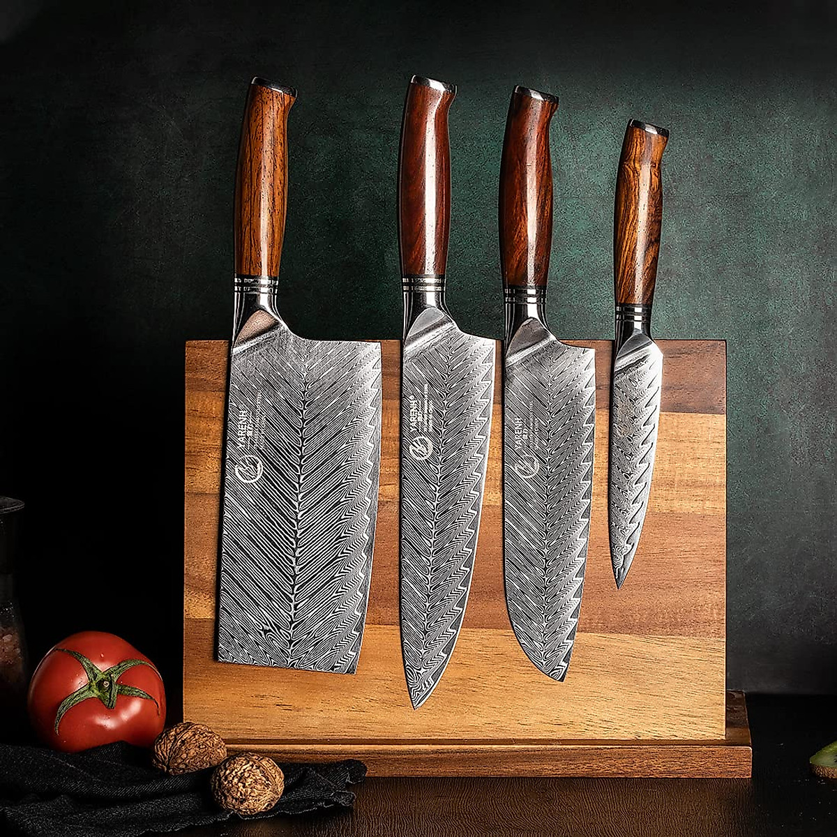 YARENH Knife Set with Magnetic Block 5 Piece, Professional Kitchen Knife Set, 73 Layers Damascus High Carbon Stainless Steel, Natural Sandalwood Handle, Sharp Chef Knife