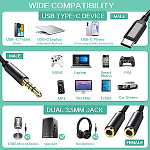 Guamar Audio Splitter for Headphones/Mic (2 Pack),USB C to 3.5mm Audio Jack Adapter,Headset 3.5mm Y Cable Dual Earphone Jack Aux Stereo Cord for 2 TRRS Microphones to PC,Phone,Tablet,Laptop