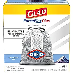GLAD ForceFlexPlus Tall Kitchen Drawstring Trash Bags with Clorox, 13 Gallon White Trash Bag for Kitchen, Mountain Air Scent, 90 Count