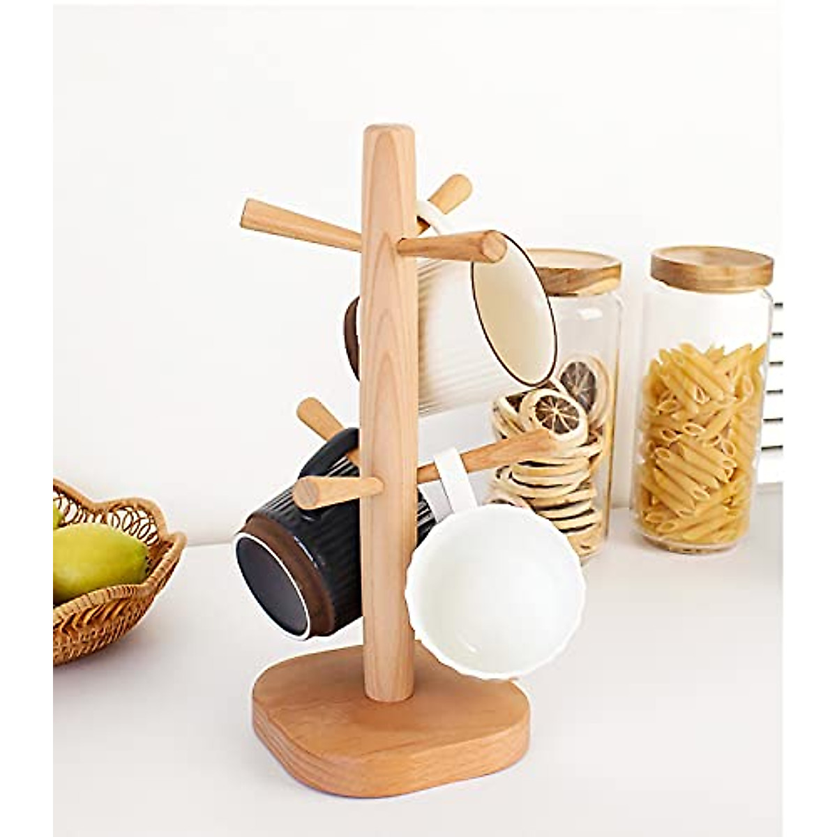 GOJAKO 12" Wooden Mug Holder Tree with 6 Hooks Wood Cup Rack Tea Coffee Bar Organizer Accessories Mug Hanger Stands for Kitchen Counter and Display Dinnerware Storage and Dry (Square Bottom)