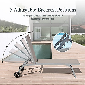 Domi Chaise Lounge Outdoor Set of 3, Lounge Chairs for Outside with Wheels, Outdoor Lounge Chairs with 5 Adjustable Position, Pool Lounge Chairs for Patio, Beach, Yard, Deck, Poolside, Khaki