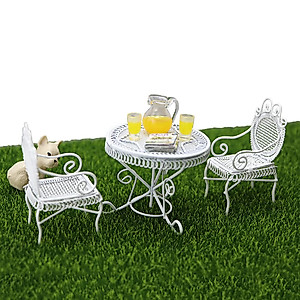 Dollhouse Miniature Bistro Table & Chairs Set Accessories Metal 1:12 Scale Miniatures White Coffee/Tea Furniture Fairy Garden Cute Rustic Elegant Decorations Ornaments (A)