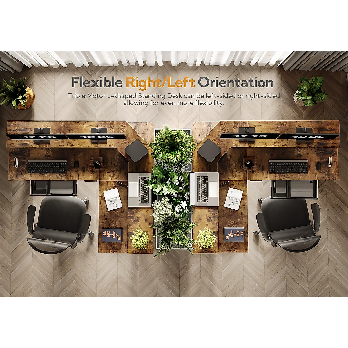 Claiks Triple Motor 63" L Shaped Standing Desk with Drawers, Electric Standing Desk Adjustable Height, Corner Stand up Desk with Splice Board, Black Frame/Rustic Brown Top