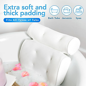 BASIC CONCEPTS Bathtub Pillow for Neck and Back Support with Drying Hook, Bathtub Pillow Machine Headrest for Soaking & Straight Back Tubs - Bath Accessories, Machine Washable, 6 Suction Cups