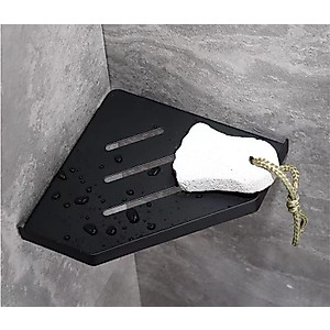 LecuSyn Bathroom Corner Shower Caddy Stainless Steel Shelf Wall Mount Triangular, Drill Free with Glue or Wall Mount with Screw（Black）