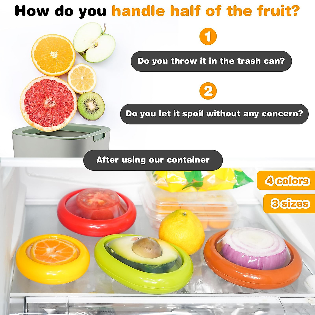 SUPODDK Onion Storage and Avocado Saver，Reusable Silicone Food Storage Container Set of 4, Perfect For Storing Tomatoes, Lemons, Garlic, and Other Fruit and Vegetable For Fridge