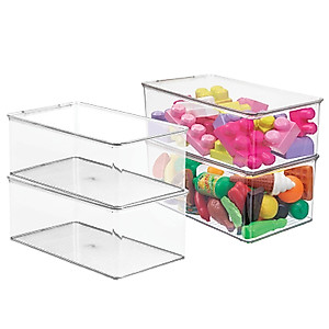 mDesign Plastic Stackable Toy Storage Bin Container Box with Hinge Lid for Organizing Living Room, Play Room, Bedroom, Nursery, Hold Blocks, Puzzles, Books, Lumiere Collection, 4 Pack - Clear