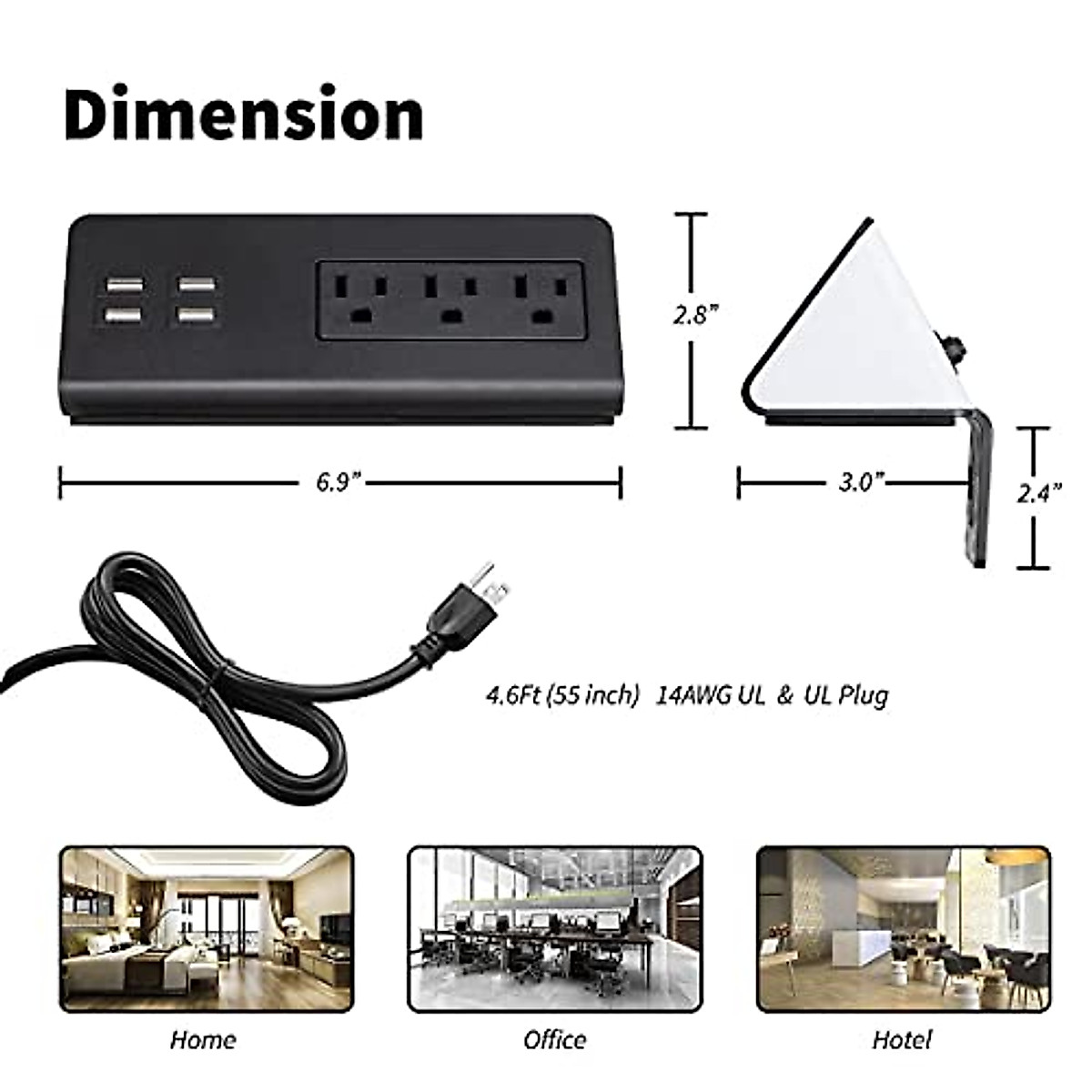 Emerising 2-Pack Desk Edge Mount Power Strips with 4 USB Ports & 3 AC Power Outlets for Home and Office Desktop Charging Bucket, 1250Joules Surge Protection,Black