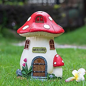 WONDHOME Mushroom Illuminated Miniature Fairy Landscape House with Solar Powered LED Outdoor Garden Statue