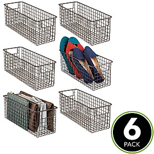 mDesign Household Metal Wire Narow Storage Organizer Bin Basket Holder with Handles - for Closets, Entryways, Mudrooms, Kitchen Pantry, Under Sink Cabinets, Bathrooms - 16" x 5" x 6" - 6 Pack - Bronze