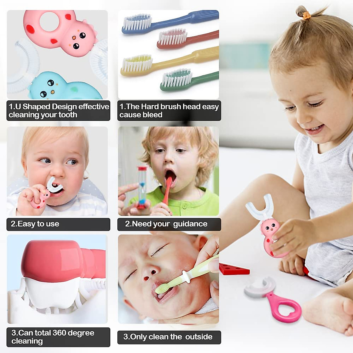 CEECOLES Kids U-Shaped Toothbrush, Cute Cartoon -Design Whole Mouth Cleaning Tooth Brush, U Type with Food Grade Soft Silicone Head for Kid Child 2 - 6 Years Old (KonglongtoothRED)