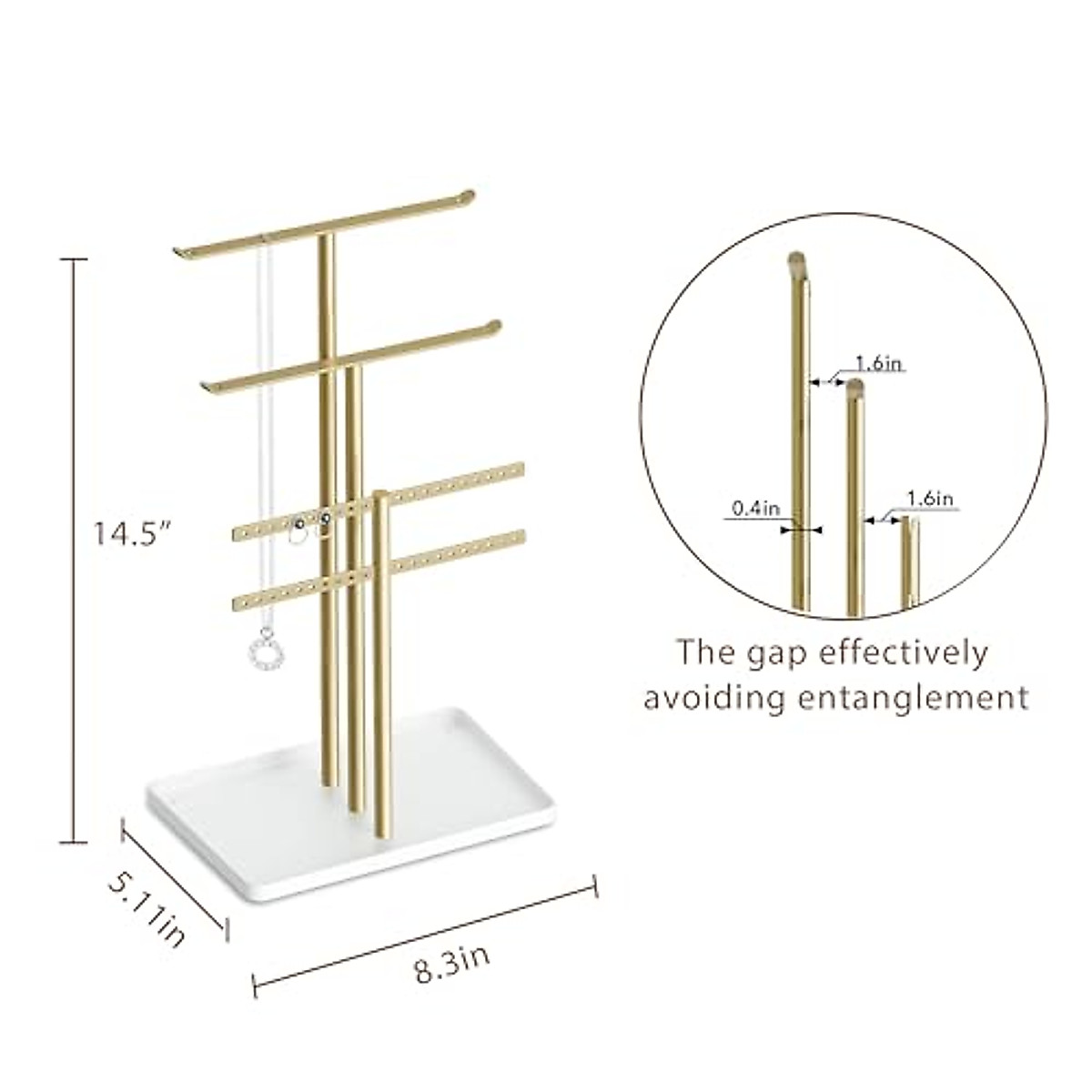 pickpiff Jewelry Stand Holder Organizer: 14.5" Sturdy Jewelry Hanger for Necklace, Earring, Bracelet, Gold and White