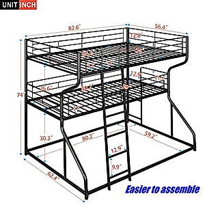 SNIFIT Upgraded Version & Stronger Metal Full XL Over Twin XL Over Queen Triple Bunk Bed, Thickened Reinforced Triple Steel Bunk Bed Frame with Safer Ladder & Guardrail (Faster Assembly) (Black)