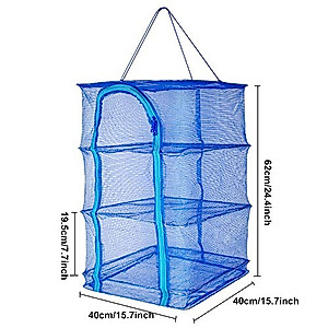 Ovovo 3 Layer Non-Toxic Nylon Netting Collapsible Drying Rack Folding Fish Mesh Hanging Dry Rack Net Food Dehydrator Carrying Bag-Blue (40x40cm/15.7X15.7inch)