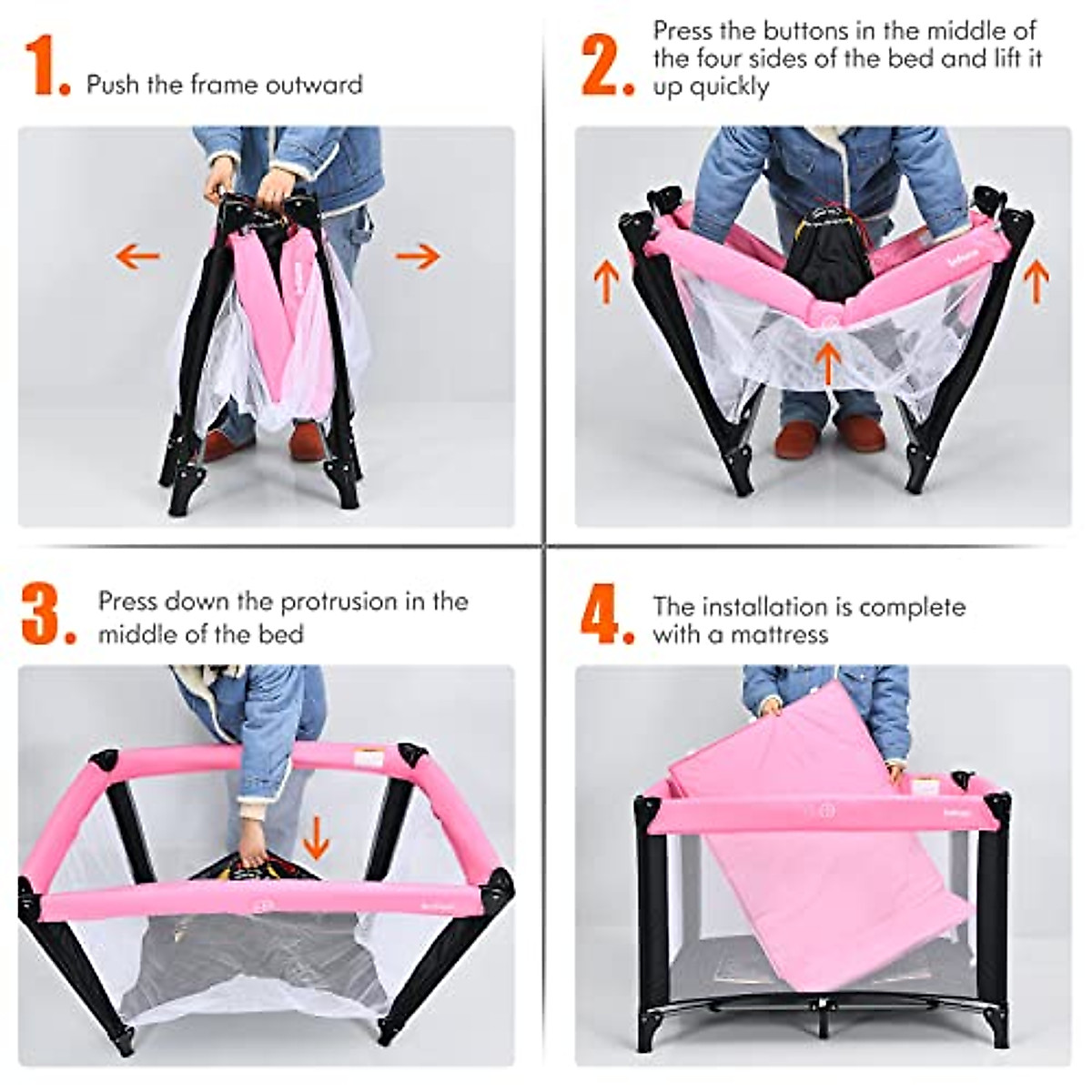 INFANS Pack and Play, Portable Playard with 50pcs Ball Pit Balls Carry Bag, Breathable Mattress, Washable Sheet Cover, Easy Folding Baby Crib Playpen Activity Center (Pink)